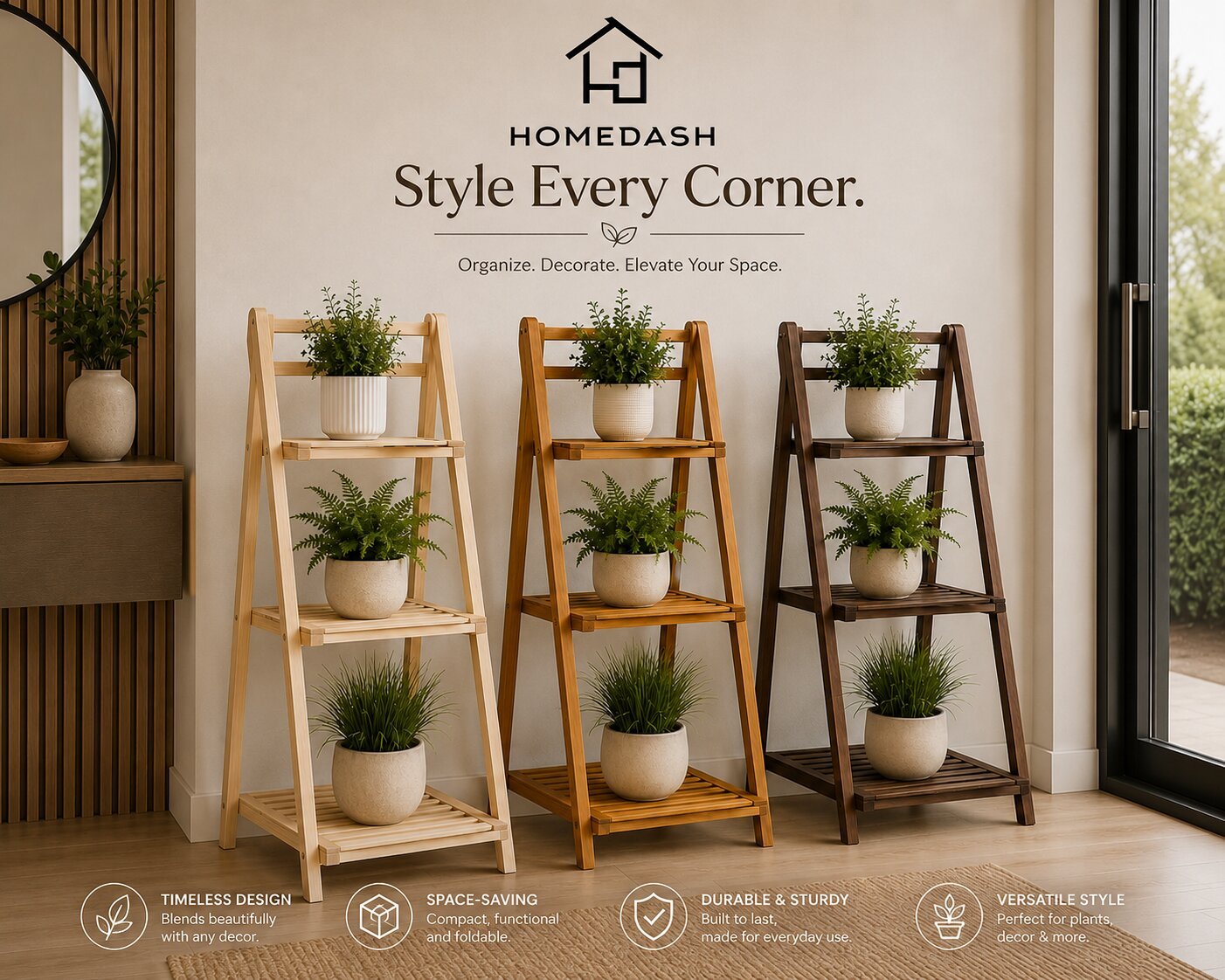 PLANT STAND 3 TIER FOLDABLE WOOD - Homedash